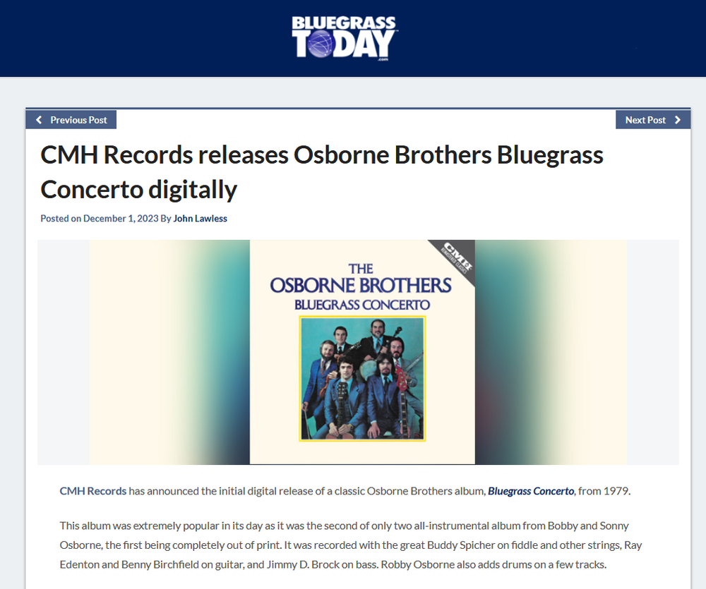 Bluegrass Today Thanks CMH Records for Digital Release of The Osborne